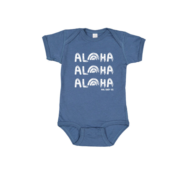 "Aloha, Aloha, Aloha" Baby Onesie - Indigo | Pop-Up Mākeke - The Mākeke