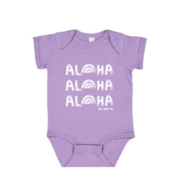 "Aloha, Aloha, Aloha" Baby Onesie - Lavender | Pop-Up Mākeke - The Mākeke