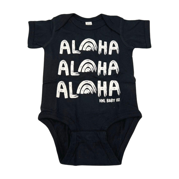 "Aloha, Aloha, Aloha" Baby Onesie - Black | Pop-Up Mākeke - The Mākeke
