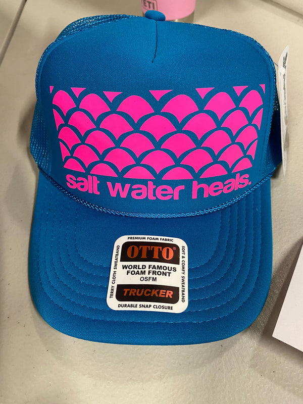 Salt Water Heals Ehukai Trucker Hat - Hot Pink on Teal - Pop-Up Mākeke
