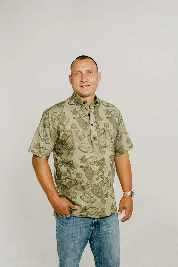 Taro Poi Pounder Print Pull-Over Aloha Shirt in Moss | Pop-Up Mākeke ...